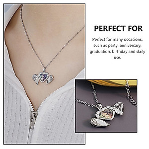 Locket Necklace Heart Shaped Angel Wing Photo Locket Necklace Memory Pendant with Personalized Picture Creative Neck Chain for Women Men, Silver