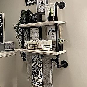 ROGMARS Industrial Pipe Shelving Bathroom Pipe Shelves with Towel Bar,2 Tier 24 inch Retro White Rustic Farmhouse Pipe Industrial Wall Shelves Bathroom Shelves Over Toilet for Storage