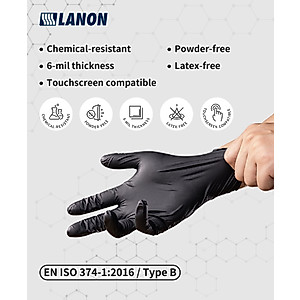 LANON 6 mil Black Nitrile Disposable Gloves, EN ISO 374 Chemical Resistant, Heavy-Duty, Mechanic, Textured Fingertips, Latex-Free, Large