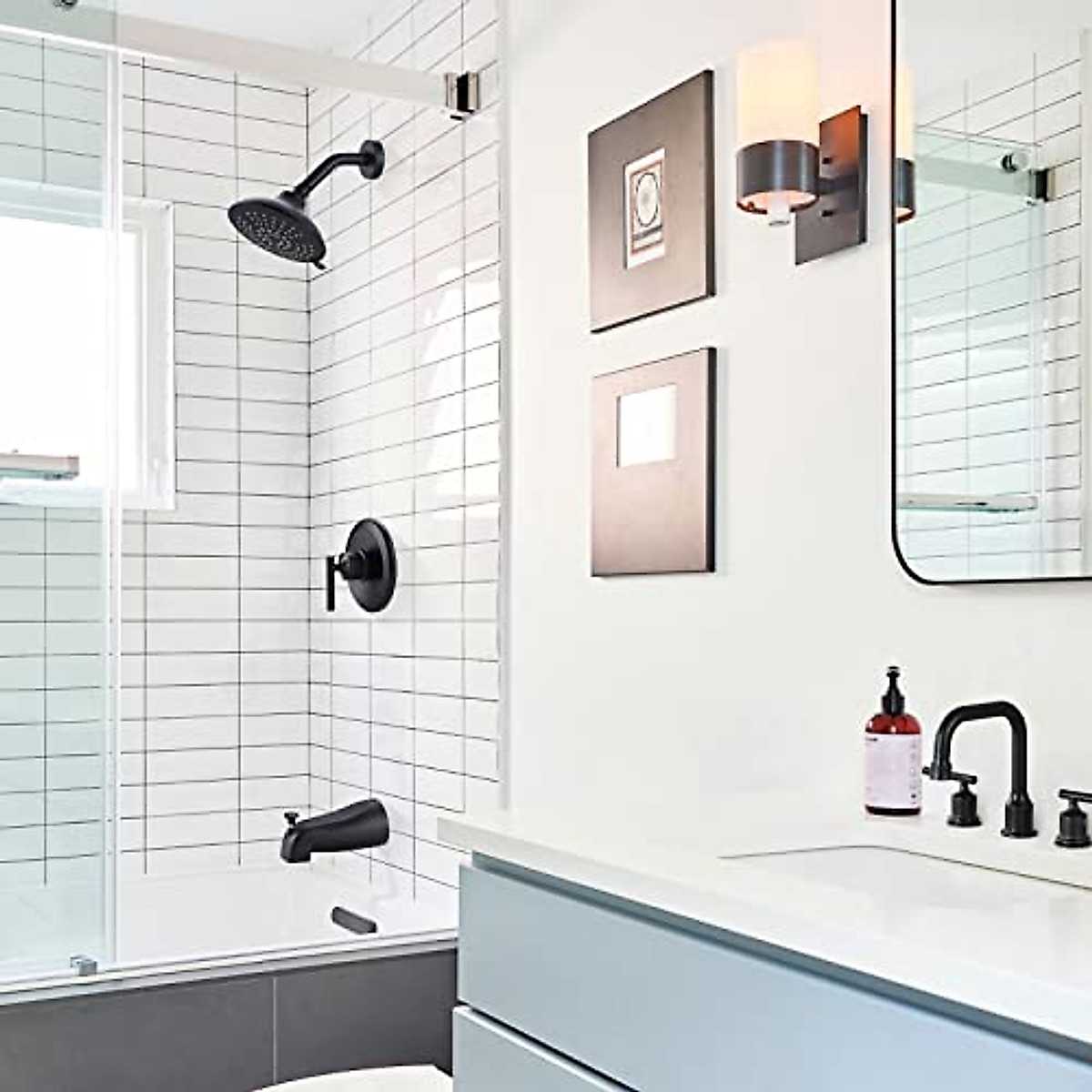 WOWOW Matte Black Shower Faucet Set with Tub Spout and 6-Inch Rain Shower Head, Brass Shower System Single Handle Tub and Shower Trim Kit (Valve Included)