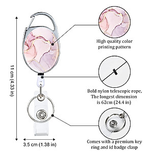 Badge Reels Retractable，Double Sided Color Print Pattern Badge Holders，with Keychain, Clip and Key Ring，Durable Nylon Rope，Pink Marble