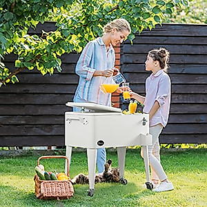 YITAHOME 80 Quart Rolling Cooler Cart with Bottle Opener Drainage, Portable Patio Cooler Rolling on Wheels, Outdoor Rolling Beverage Cart Drink Cooler for Patio Pool Deck Party Cookouts (White)