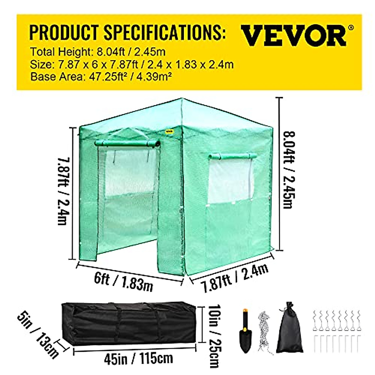 VEVOR 8'x 6'x 8' Pop-Up Greenhouse, Set Up in Minutes, Portable Greenhouse with Doors & Windows. High Strength PE Cover & Powder-Coated Steel Construction