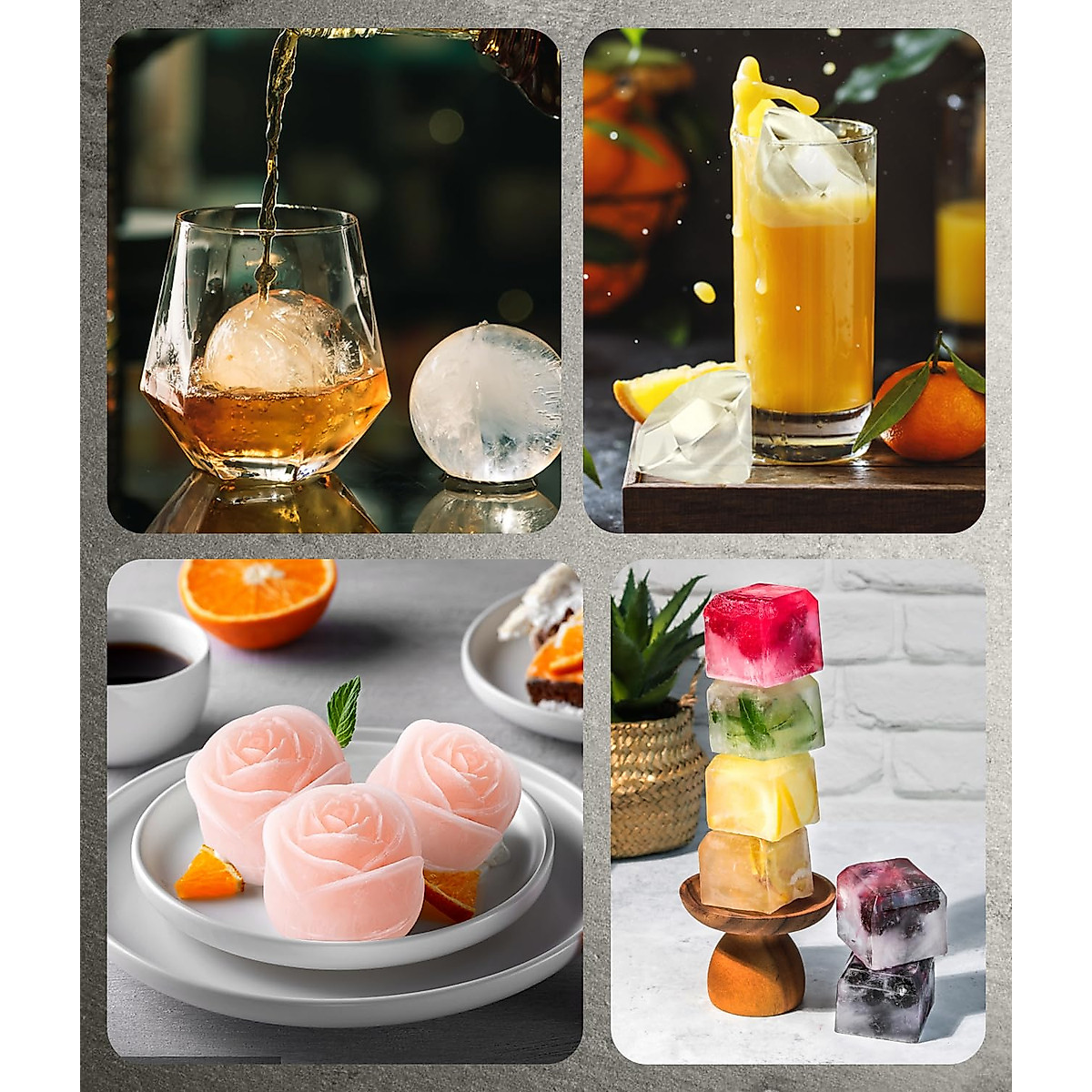 Ice Cube Tray with Lid, Silicone Ice Molds with Round, Square, Diamond, Rose, Large Ice Cube Mold for Whiskey, Bourbon, Cocktails, Easy Release BPA Free, Set of 2