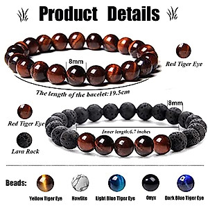 WAINIS 10 Pcs 8mm Gemstones Beaded Bracelets for Men Women Lava Stone Essential Oil Diffuser Healing Stretch Round Bead Crystal semi-precious Bracelets Unisex