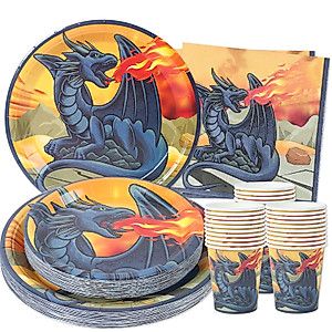 Dragon Party Supplies (Serves 24) Dinner Plates, Dessert Plates, Cups, Napkins. Fantasy Birthday Decorations for Kids, Boys, Girls and More. Dragon Themed Birthday Party Decorations
