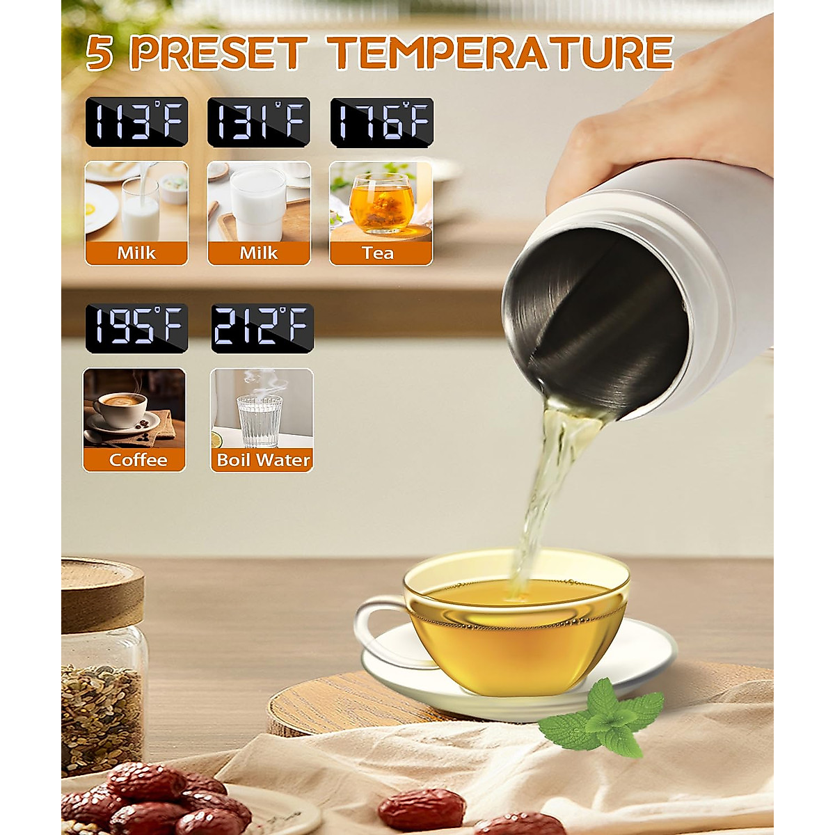 Portable Tea Kettle Electric Travel, 350ML mini tea kettle Water Heater with 4 Temperature Settings, Auto Shut-Off and Boil Dry Protection