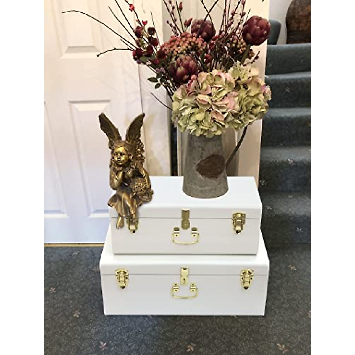 Vixdonos Decorative Metal Box Storage Trunks Set of 2 College Dorm Chest with Lock Hole,23.7X14.2X9.5 Inches(White)