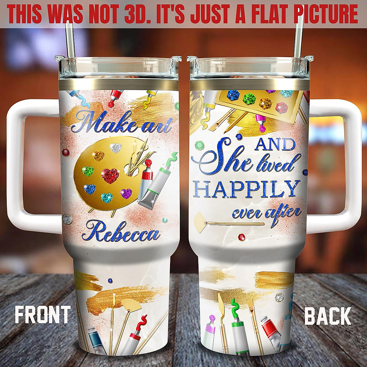 WAZONE Personalized Make Art And She Lived Happily Ever After Stainless Steel Tumbler 40oz with Handle and Straw Insulated Gifts Cool For Girl Painting Lover Painters Artists Teachers