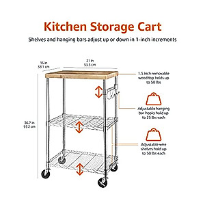 Amazon Basics Kitchen Storage Microwave Rack Cart on Caster Wheels with Adjustable Shelves, 175 Pound Capacity, 15 x 21 x 36.7 inches, Wood/Chrome