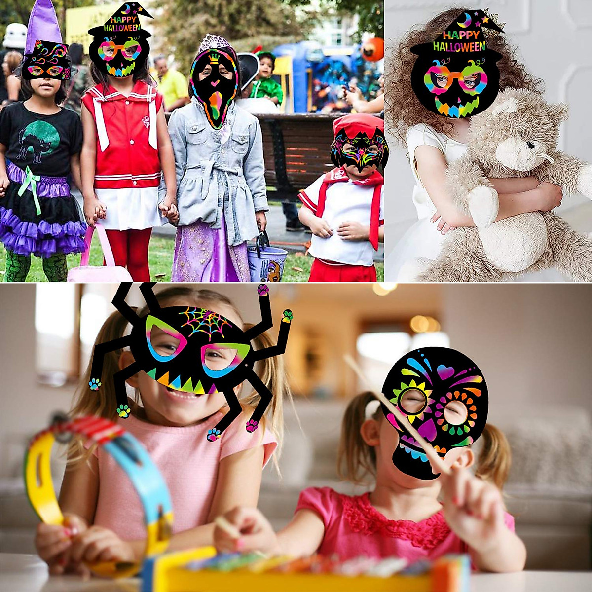 24 Pack Magic Scratch Paper Art Masks Set for Kids Rainbow Painting DIY Crafts Black Supplies Coloring Kits for Halloween Birthday Party Favors Creative Gift Bat Pumpkin Spider Wizard Hat Skull Ghost