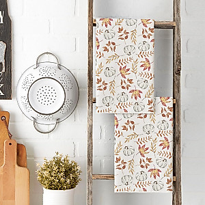 Artoid Mode Orange Leaves Pumpkin Fall Kitchen Towels Dish Towels, 18x26 Inch Farmhouse Decoration Hand Towels Set of 2