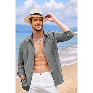 COOFANDY Men's Cuban Guayabera Shirts Casual Long Sleeve Button Down Shirt Summer Beach Tops Grey
