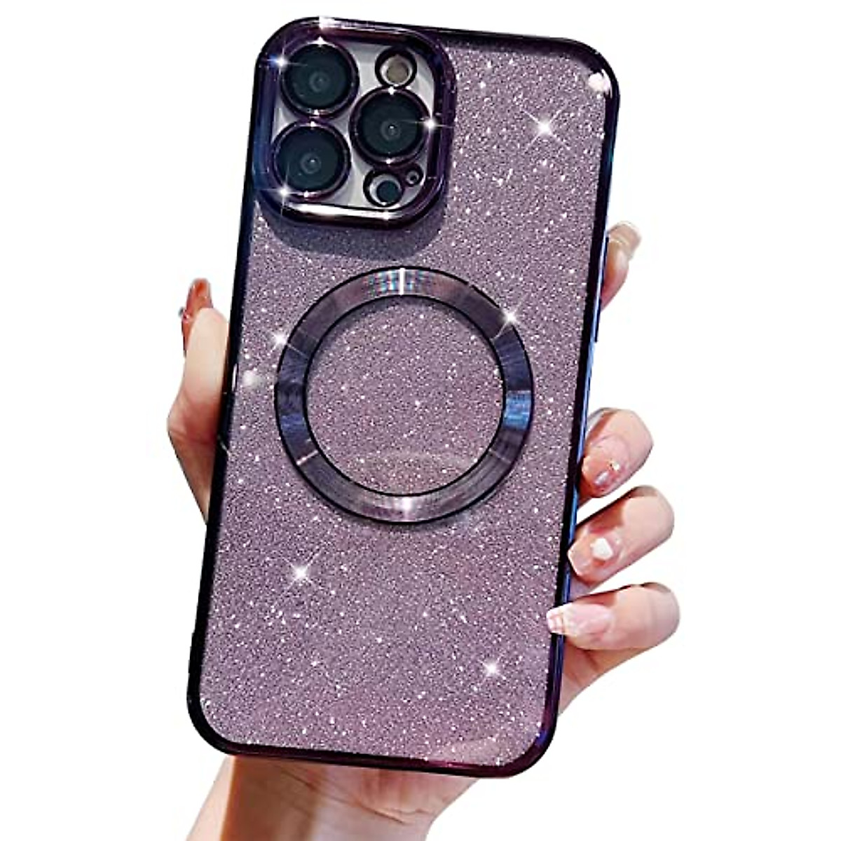 Eiyikof Compatible with iPhone 13 Pro Max Magnetic Case [Compatible with MagSafe] with Camera Lens Protector, Luxury Plating Cute Glitter Bling Clear Case for Women Girls Soft TPU Cover（Purple）