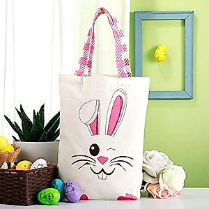 Weewooday 2 Pieces Easter Bunny Bags Large Easter Canvas Tote Bags Bunny Ears Basket Bags Spring Egg Hunts Bags for Easter Kids Eggs Candy Hunting Carrying Daily Usage (Blue, Pink)