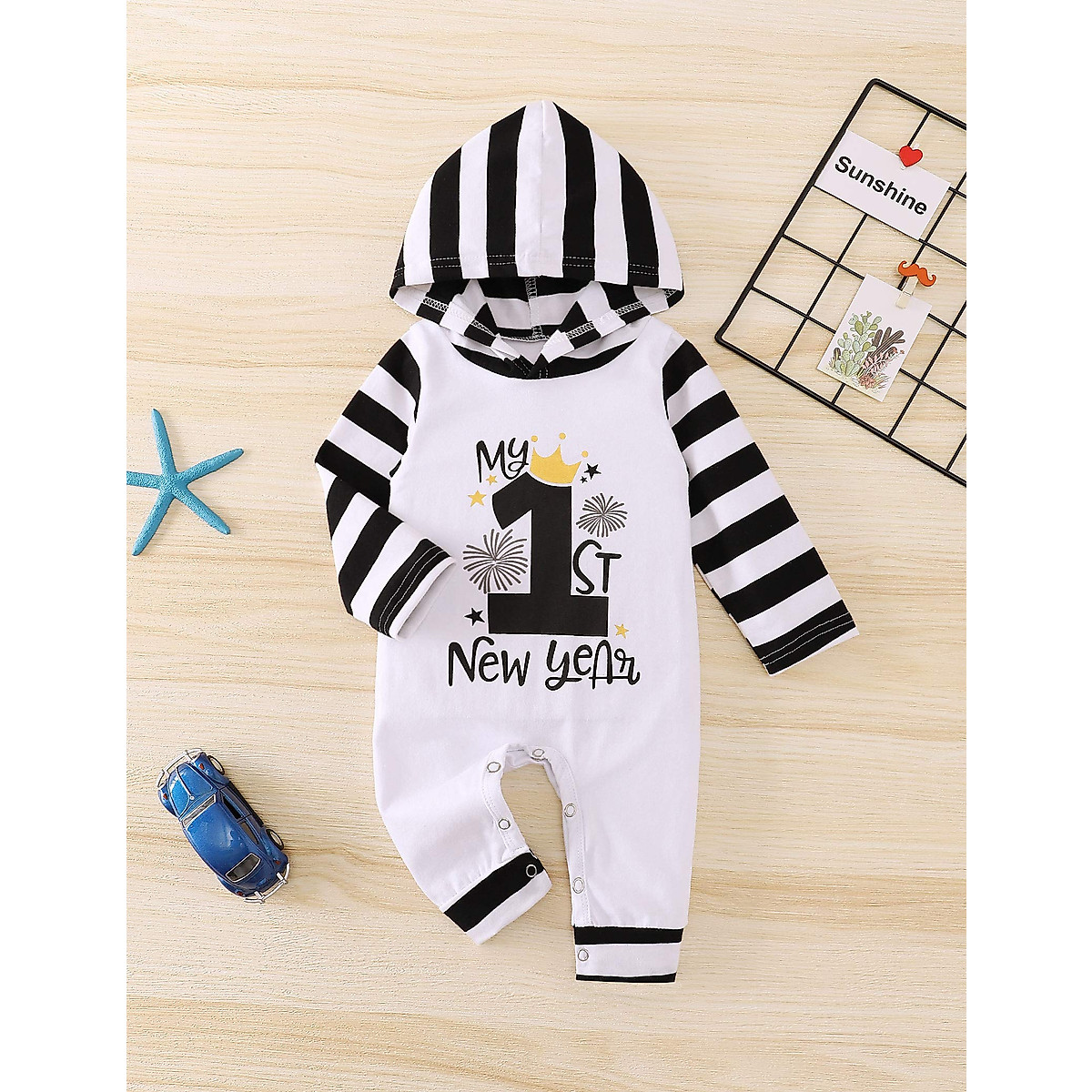 TUEMOS Baby New Year Romper Newborn Baby Boy Girl Clothes My First New Year Letter Print Stripe Hoodie Bodysuits Outfit