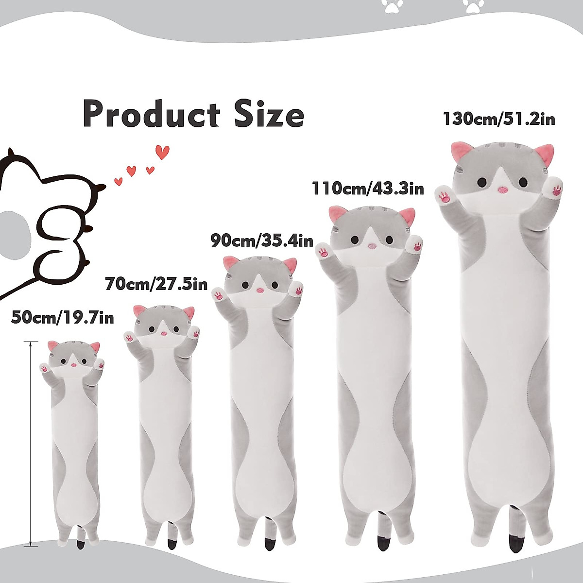 NXNYNZ Long Cat Plush Pillow, 19.6in Cute Cat Plushie Stuffed Animals Body Pillow, Grey Kawaii Kitten Soft Plushie Doll Toy Birthday Gift for Kids Girlfriend