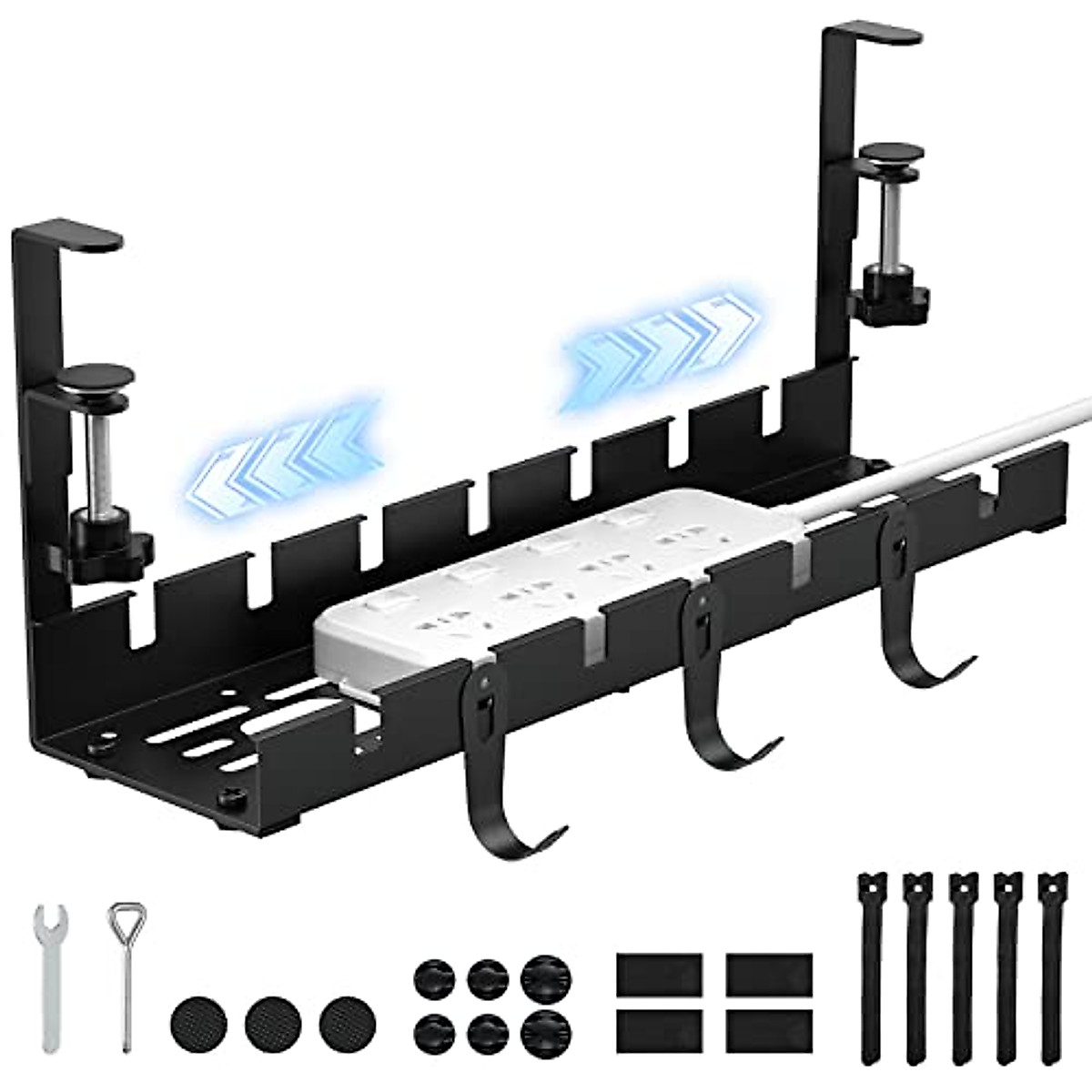 POKIPO Under Desk Cable Management Tray, Cable Management Under Desk, Retractable Under Desk Cord Organizer Wire Management No Drill Cable Tray with Clamp, Black Metal Rack Basket for Standing Desk