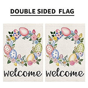 Welcome Easter Garden Flag 12x18 Inch Burlap Double Sided Outside, Easter Eggs Sign Yard Outdoor Small Decoration DF214