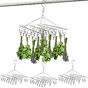 Akamino 4 Pcs Hanging Drying Rack,Stainless Steel Herb Drying Rack with 30 Stainless Clips,Collapsible Swivel Drying Rack Windproof Hook for Drying Herb Air Plants,Flowers,Towel,Bras,Lingerie, Sock