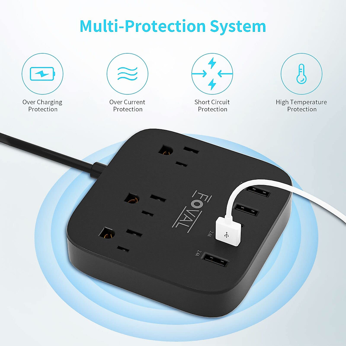 European Travel Plug Adapter, FOVAL EU UK US Power Strip with USB C and 4 USB Ports, 3 AC Outlets, Wall Mountable, 5ft Extension Cord, Compact for Travel, Cruise Ship, Home Office (Black)