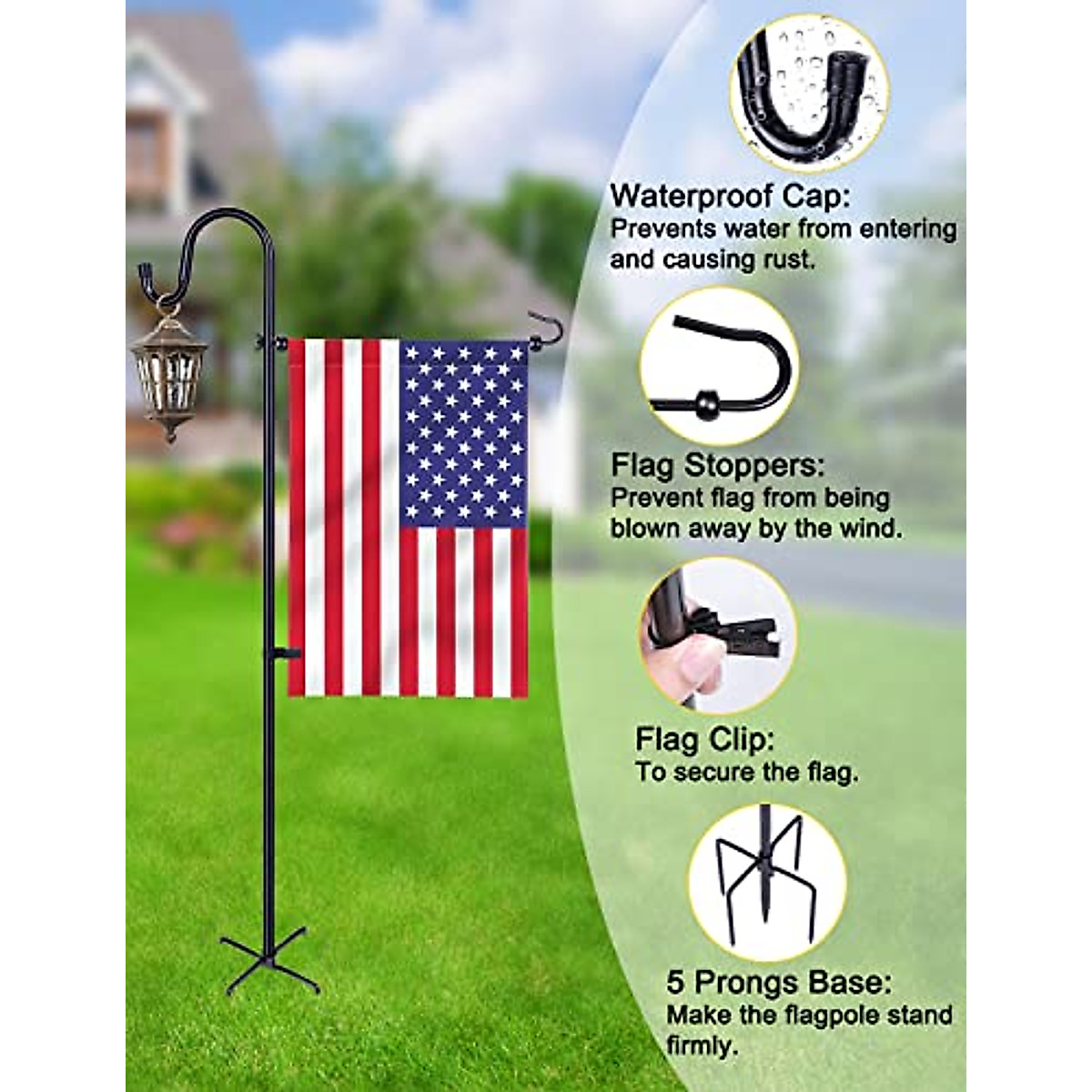 XDW-GIFTS Garden Flag Holder Stand with Shepherd Hook Upgraded Flagole with 2 Spring Stoppers and 1 Clip, Yard Garden Flag Holder for Flags Weather-Proof (Without Solar Lights & Flag)