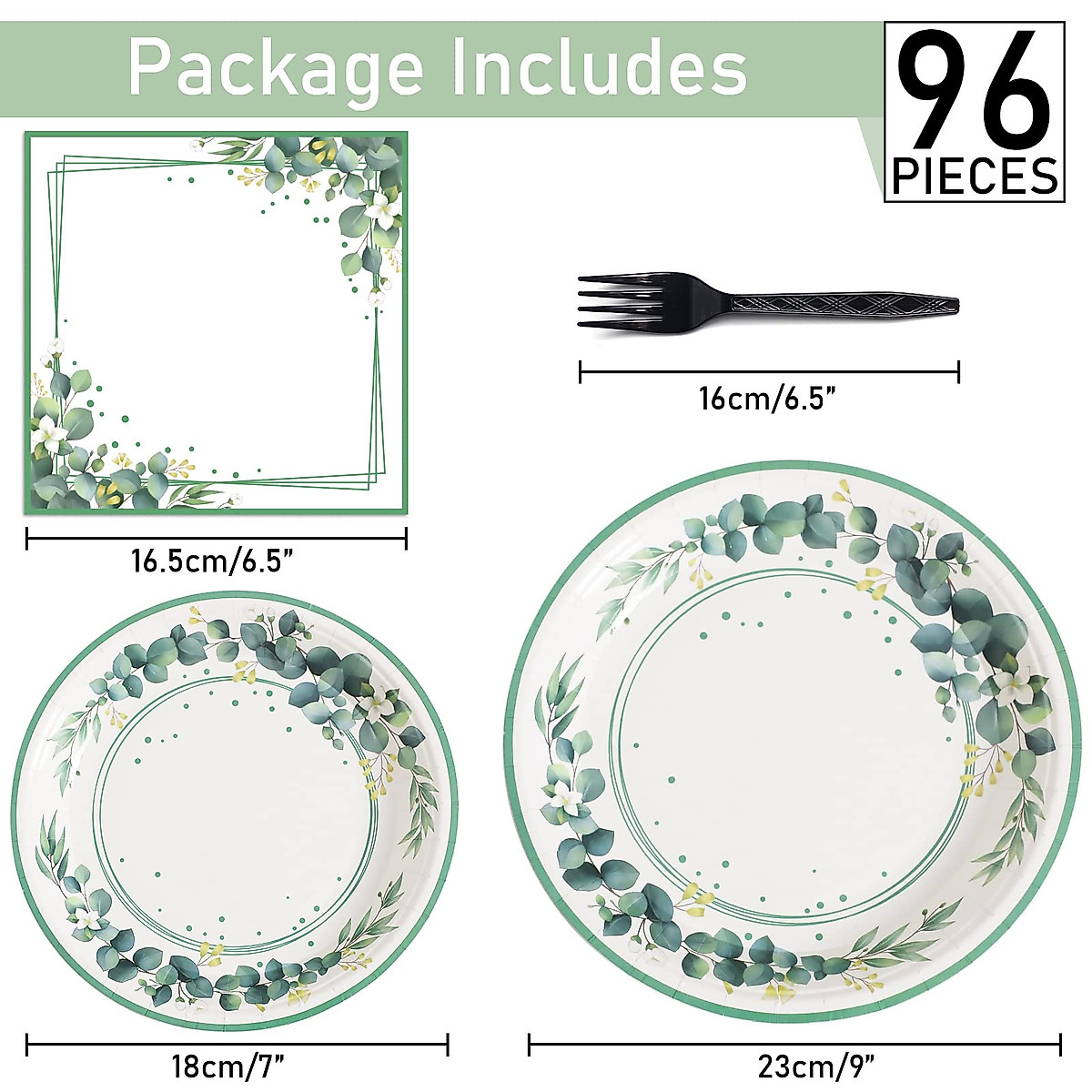 96 Pieces Sage Greenery Party Supplies Tableware Set Eucalyptus Leaf Jungle Theme Party Table Decorations Bridal Baby Shower Safari Birthday Wedding Paper Plates Napkins Forks for 24 Guests