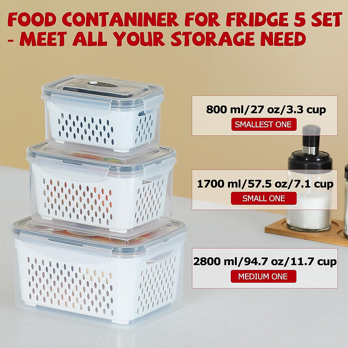 3 PCS Fruit Storage Containers for Fridge with Removable Colander | BPA Free Airtight Food Storage Containers with Lids & Handle | Keep Produce Refresh Longer | Small & M Size - Totally 22 cup