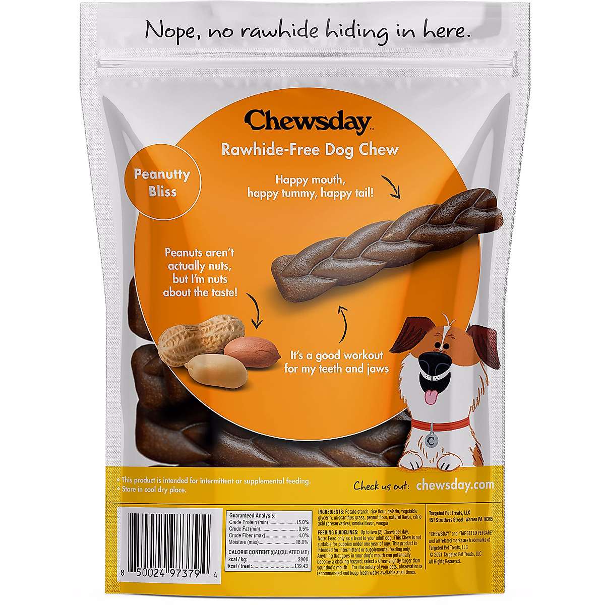 Chewsday 5-Inch Dog Chew Braids, Made in The USA, All Natural Rawhide-Free Highly-Digestible Treats, Peanutty Bliss - 7 Count