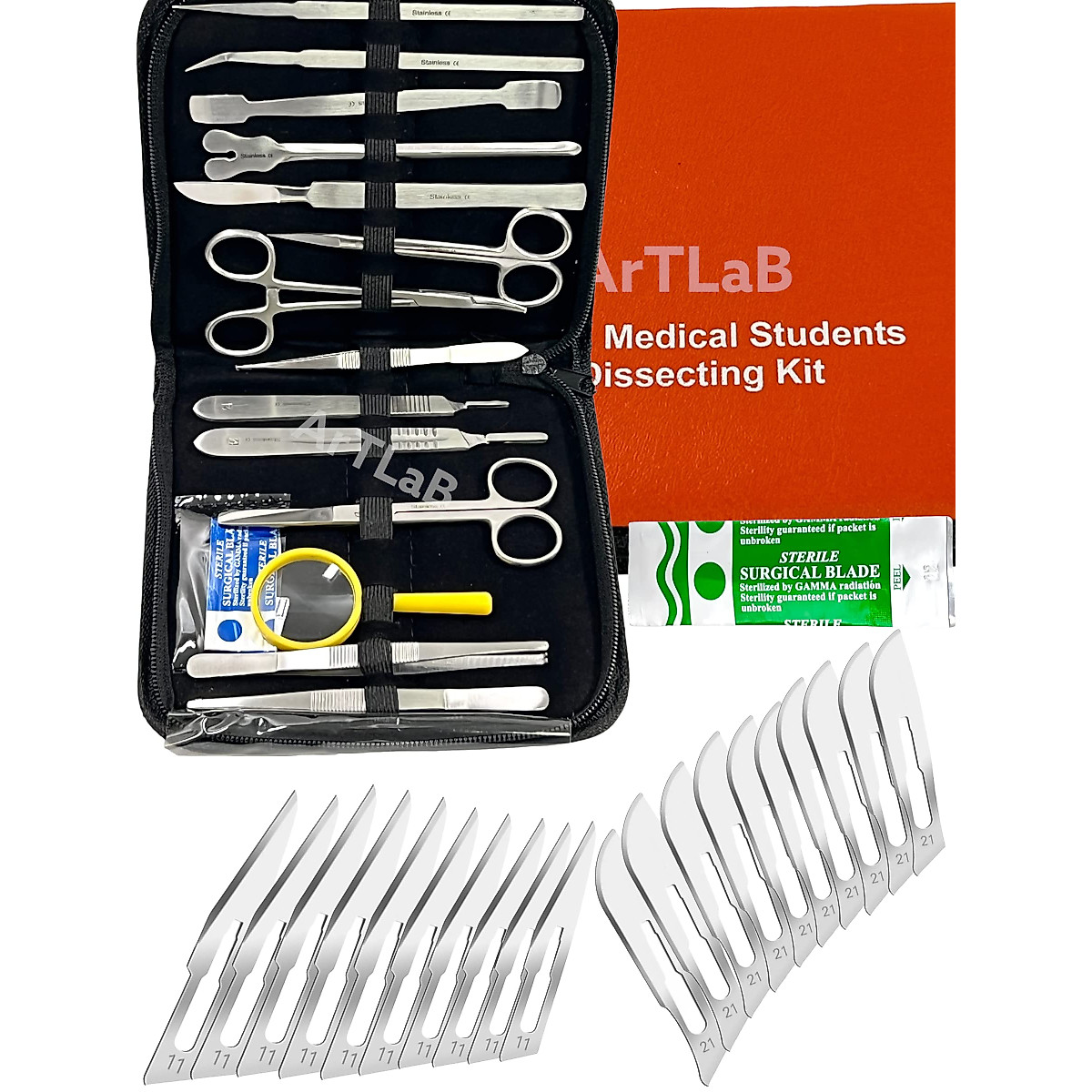 New Premium Stainless Steel Biology Lab/Anatomy/Medical Student Dissection Kit Set - Scalpel Knife Handle,Blades, Forceps, Scissors and Tweezers- Medical Students and Veterinary (Set of 34 Each)