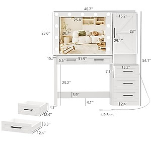 Irontar Makeup Vanity Desk with Charging Station, Farmhouse Makeup Desk with Lights Mirror and Drawers, Vanity Table with Side Cabinet, Dressing Table for Women, White WDT008W
