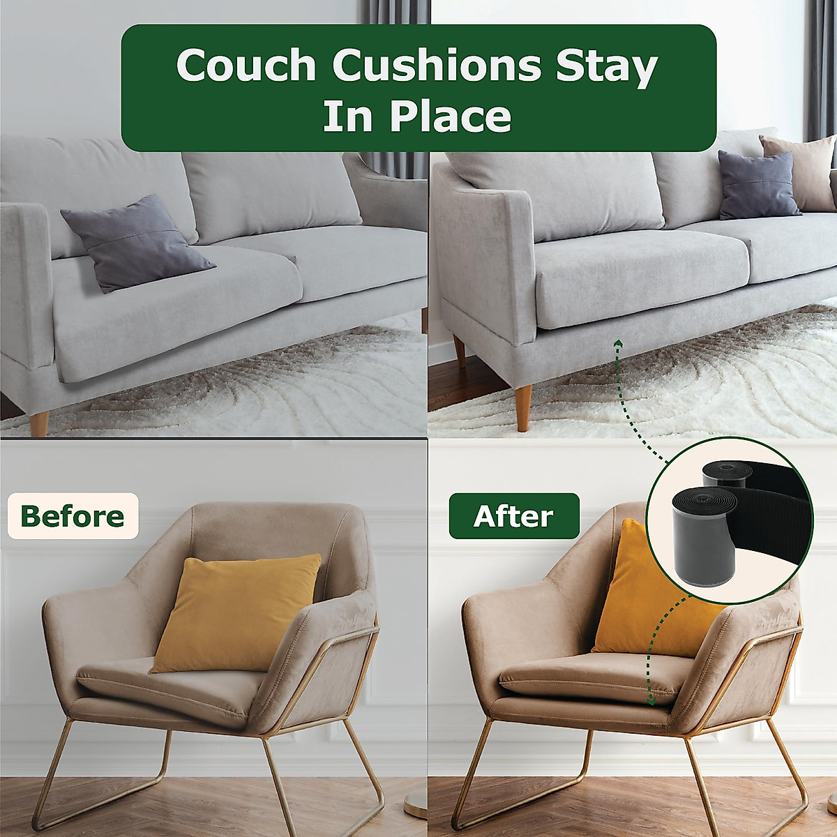 ECOHomes Heavy Duty Strips for Couch Cushions 4 Inch x 6.5 FT Keep Sofa Cushions from Sliding - Adhesive Hook And Loop Tape Roll To Prevent Sliding Couch Cushion, Outdoor Non Slip Furniture Grip Black