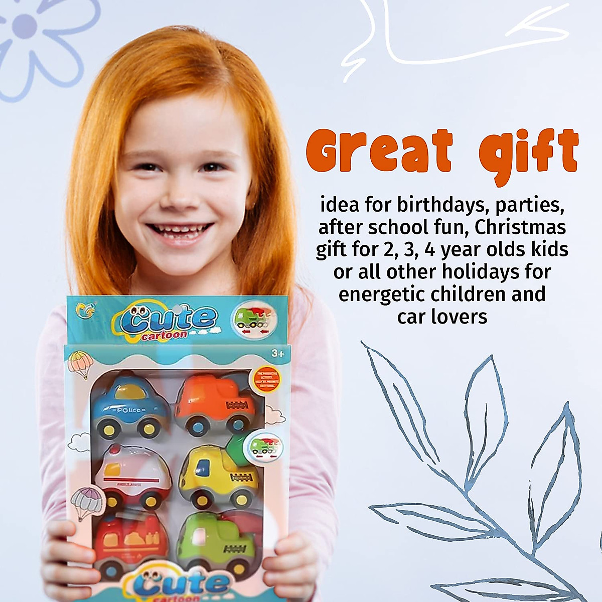 Toysery 6 Set City Cars and Trucks Toddler Toys, Pull Back Vehicles Toy Cars for Kids, Ambulance Toy, Police Car Toy, Crane, Agitating Lorry, Fire Engine Girl and Boy Toys, Friction Car Toy Play Set