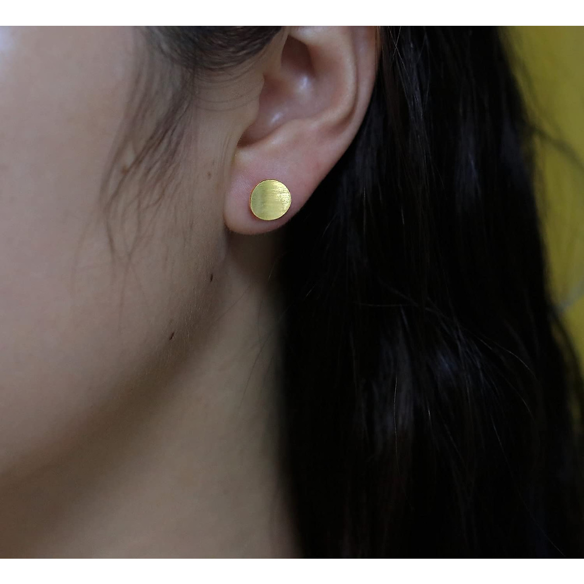 14K Gold Plated Sterling Silver Curved Round Stud Earring Brushed Disc Gold Earrings for Women