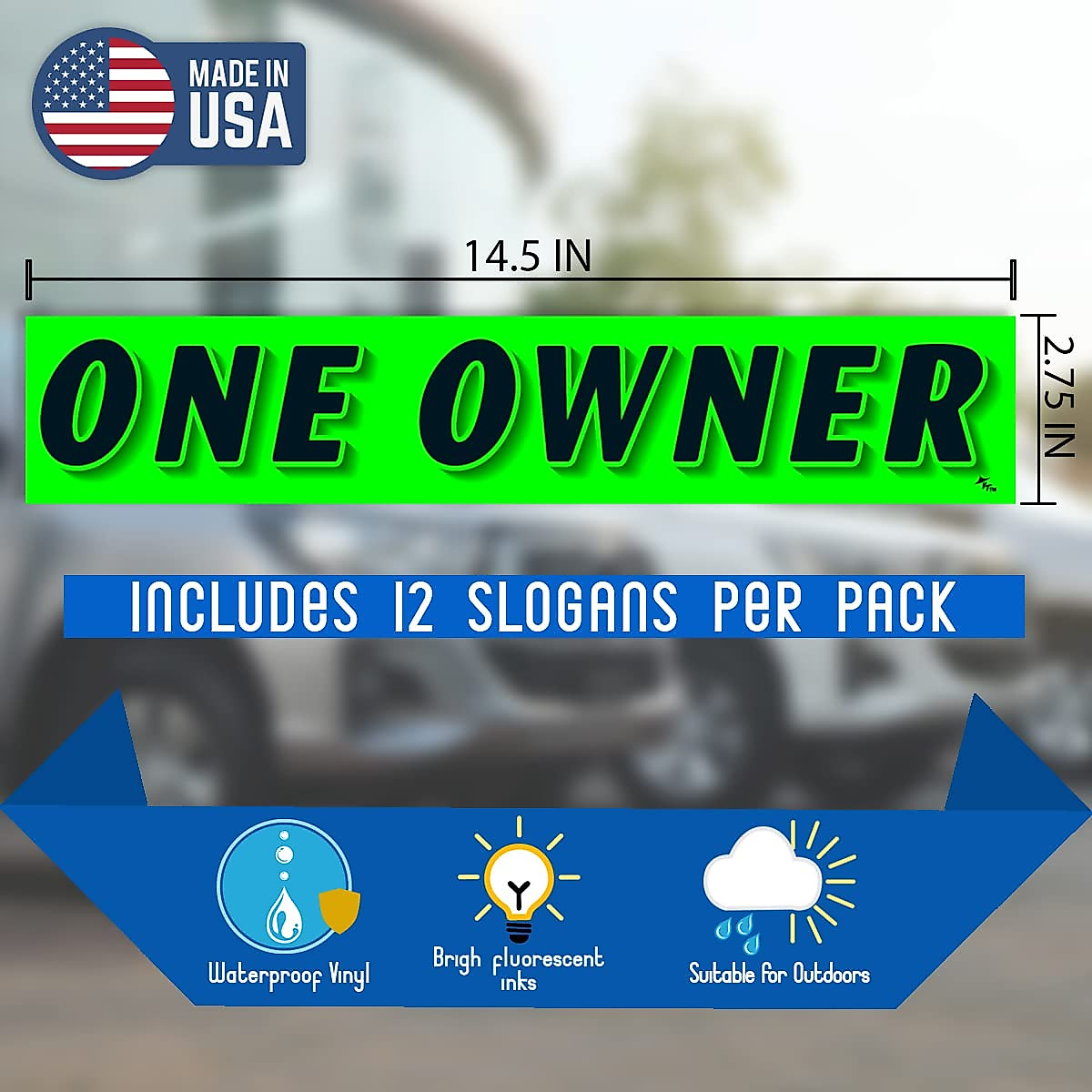Versa Tags Windshield Slogan Stickers 12 Pack Each of FINANCING Available, PER Month, ONE Owner, Low Mileage, Loaded (60) Window Stickers Total Dealership Stickers Black On Green