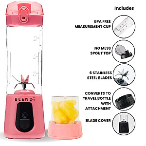 Blendi Pro Plus Premium Cordless Portable 17.5oz Rechargeable Blender - Crush Ice, Fruit & Blend Sports Powders in Seconds - Stainless Steel Blades w/High Powered 120W Motor - Gym, Tailgates (Pink)