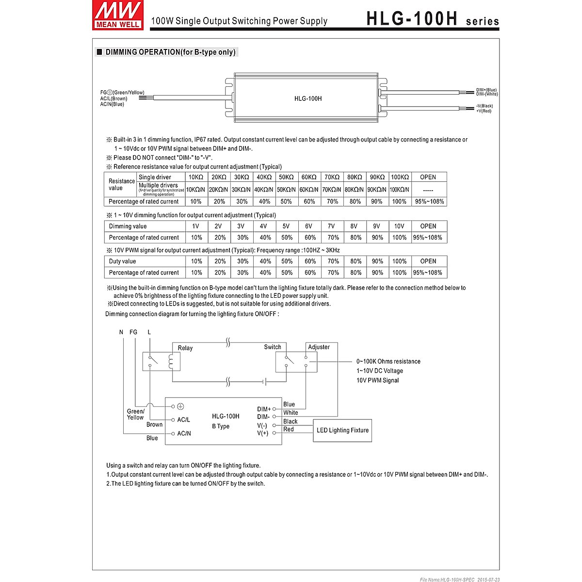 MEAN WELL HLG-100H-48 100 W Single Output 2 A 48 Vdc Output Max IP67 Switching Power Supply - 1 item(s)