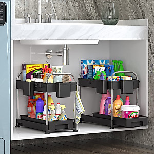Luyata 2 Pack Under Sink Organizer, 2-Tier Pull Out Under Sink Cabinet Organizer, Sliding Drawer Basket Storage Organizer Shelf for Kitchen Bathroom, with Hooks, Hanging Cup, Dividers, Black