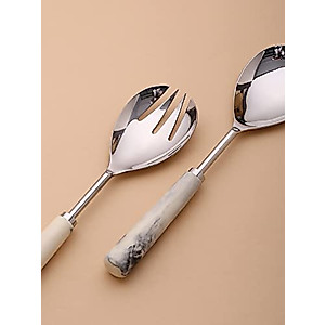YoTreasure Tiramisu Resin & Stainless Steel Ivory Salad Server Spoon and Fork Set Cooking Utensils for Kitchen