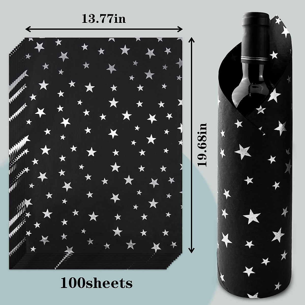 100 Sheets Black with Silver Star Tissue Paper,Black Silver Tissue Paper for Gift Bags,Silver Gift Wrapping Tissue for Halloween Christmas,Wedding,Birthday,14 x 20 Inch