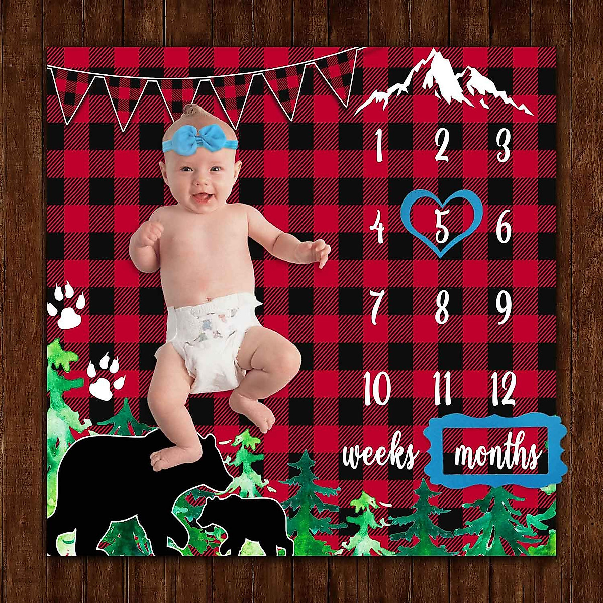 PHMOJEN Red Buffalo Plaid Milestone Blanket for Baby Boy, Rustic Hunter Theme Woodland Bear Age Blanket for Nursery, Lumberjack Baby Shower Backdrop, 1-12 Months, Includes Marks 40"x40" BTLSPH254