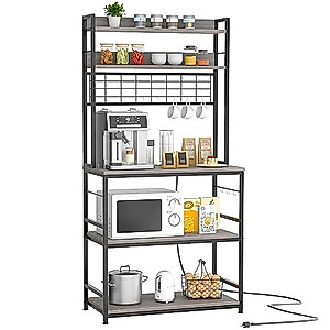 JAMFLY Kitchen Bakers Rack with Power Outlet, Coffee Bar Cabinet, Kitchen Racks with Storage Cabinet, 5-Tier Microwave Stand with 10 Hooks and Metal Wire Panel (31.5'', Gray)