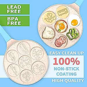 Mini Pancake Pan for Pancakes, Dinosaur Truck Waffle Maker Ceramic Pancake Griddle Crepe Maker Nonstick 7-Cup Pancake Mold for Kids