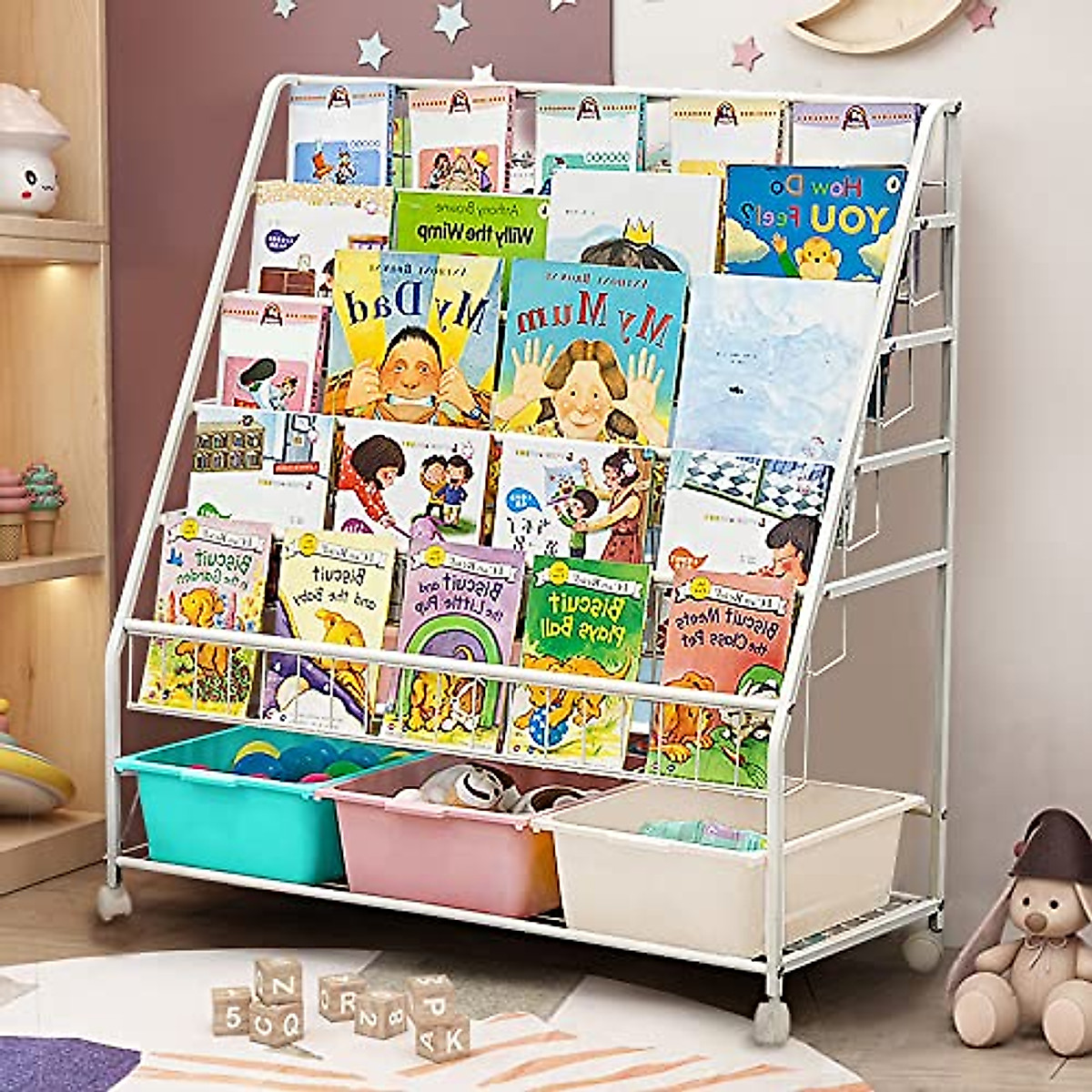 yazi Kids Bookshelves with Toy Storage Organizer, Large 35inx38in 6 Tier Metal Kids Bookcases with 3 Storage Boxes Organizer Shelf in Nursery, Playroom, Study Room,Nursery for Preschooler Children