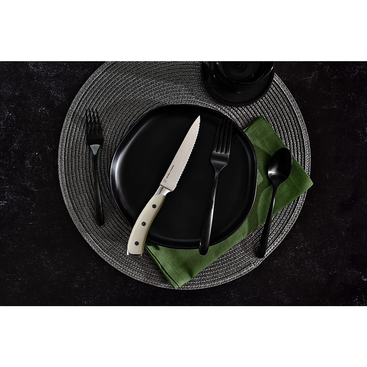 DURA LIVING 4-Piece Serrated Kitchen Steak Knife Set – Forged High Carbon Stainless Steel, Ultra Sharp, Ergonomic Black Handles, Durable Dinner Knives, Cream Handle