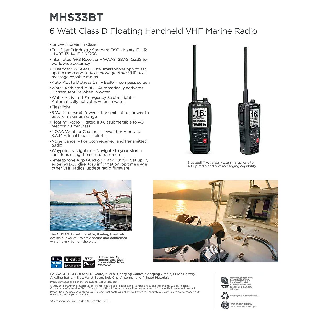 Uniden MHS335BT 6W Class D Floating Handheld VHF Marine Radio with Bluetooth, Text Message Directly To Other Vhf Text Message Capable Radios, IPX8 Submersible Design
