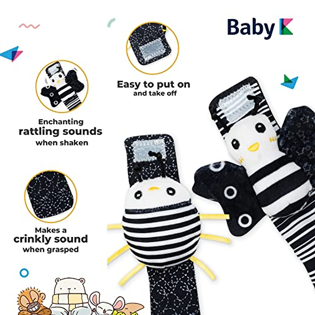 BABY K Foot Finder Socks & Wrist Rattles (Set E) - Newborn Toys for Baby Boy or Girl - Brain Development Infant Toys - Hand and Foot Rattles Suitable for 0-6, 6-12 Months Babies - Mother's Day Gift