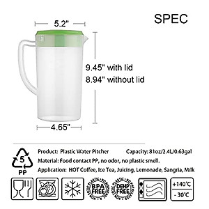 81oz/2.4Litre/0.63 Gallon Plastic Water Pitcher with Lid BPA-FREE Carafes Mix Drinks Water Jug for Hot/Cold Juice Beverage Ice Tea (Green, 81oz)