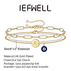 IEFWELL Initial Bracelets for Women, Dainty 14K Gold Plated Letter M Initial Bracelet Tiny Layered Evil Eye Bracelet for Women Evil Eye Bracelets for Teen Girls Gifts for Her, pulseras de Mujer