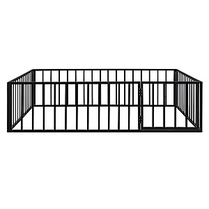 Harper & Bright Designs Queen Metal Floor Bed Frame with Rails, Queen Montessori Floor Bed with Fence and Door, for Kids Girls Boys (Queen Size, Black)